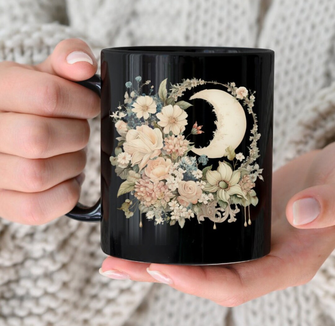 Celestial Floral Moon Custom Coffee Mug, Boho Cottagecore Aesthetic Mug ...