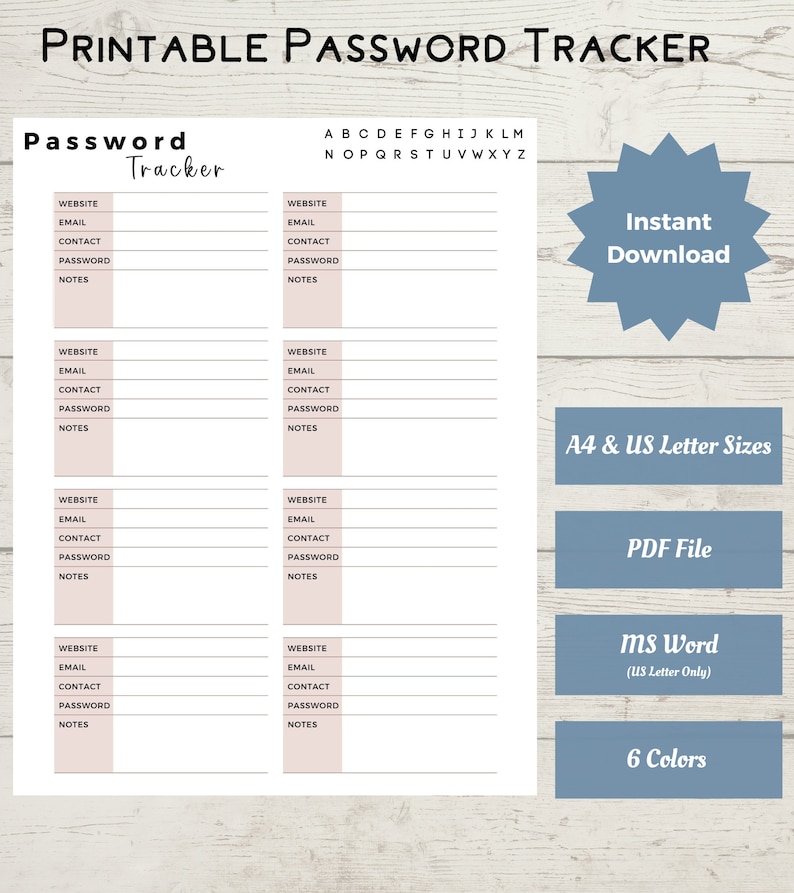 Printable Password Tracker, Keeper and Log (A4 & US Letter) (digital ...