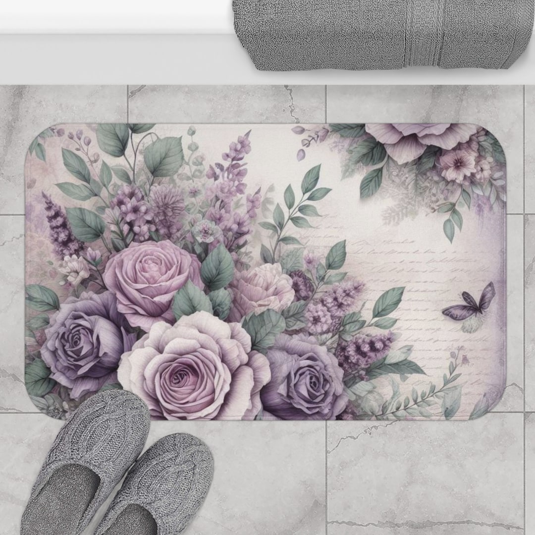Vintage Purple Wildflower Shabby Chic Bath Mat, Floral Aesthetic Bath ...