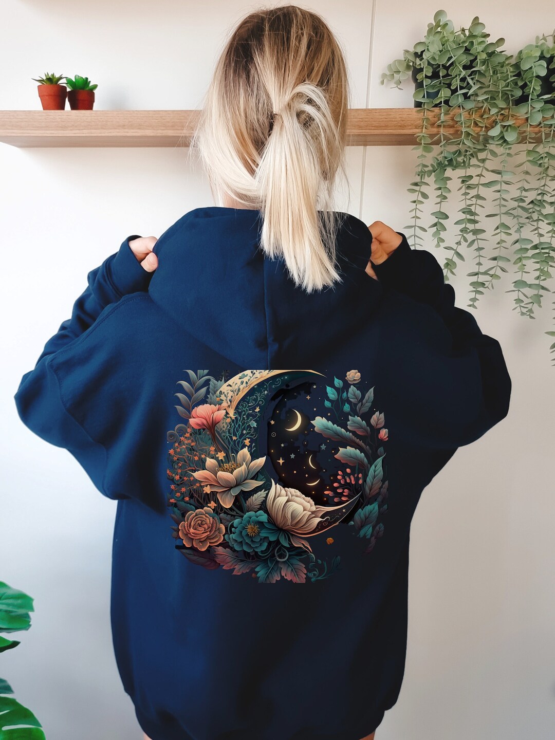 Floral Crescent Moon & Stars Hoodie, Cottagecore Hoodie, Witchy Moon ...