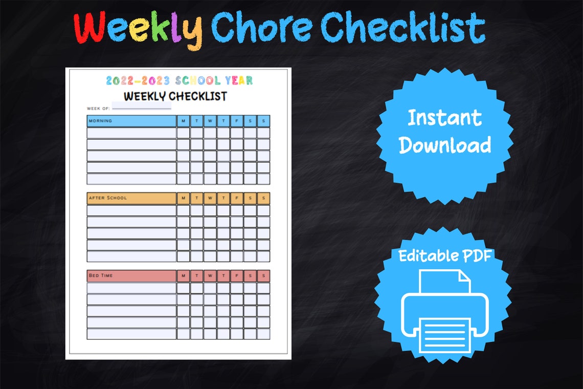 Editable Weekly Chore Chart Printable Kids Chore Chart Kids - Etsy