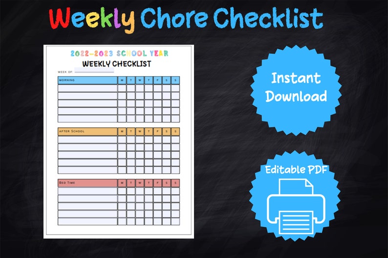 Editable Weekly Chore Chart Printable Kids Chore Chart Kids - Etsy