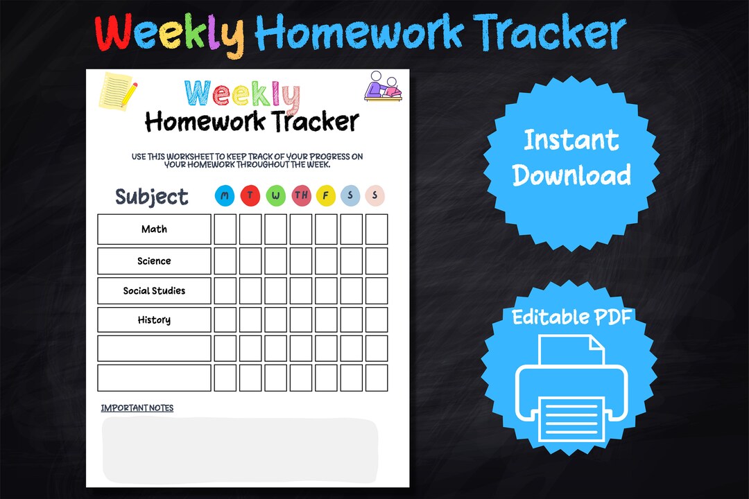 Weekly Homework Tracker Printable: Kids Chore Chart (editable PDF) - Etsy