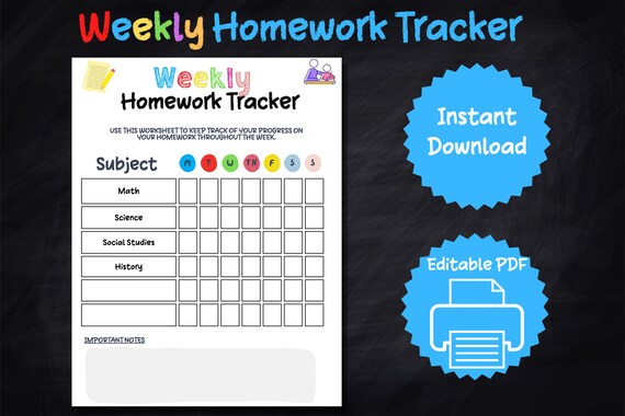 Weekly Homework Tracker Printable Kids Chore Chart Kids - Etsy