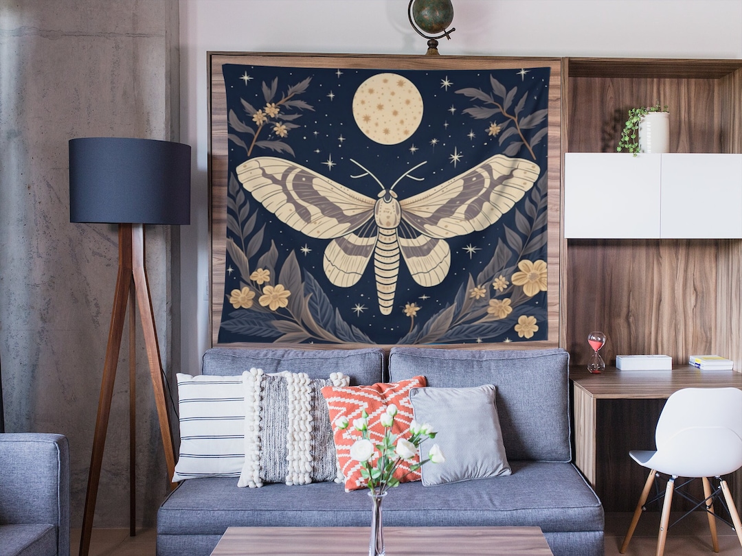 Celestial Moon Boho Butterfly Moth Wall Tapestry for Living Room or ...
