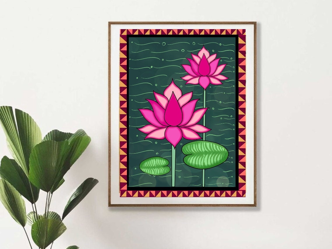 Indian Art, Indian Lotus Wall Art, Indian Lotus Painting, Living Room ...