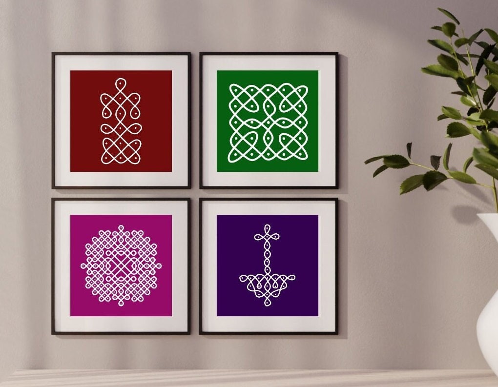 Indian Art ,set of 4, Kolam Art Print, Pulli Kolam Digital, Minimal Art ...