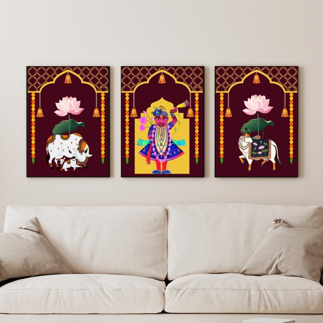 Indian Pichwai ,set of 3 , Indian Art Pichhwai Cow Print With Lotus ...