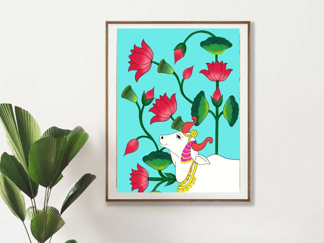 Indian Pichwai High Resolution Print, Pichhwai Cow Print With Lotus ...