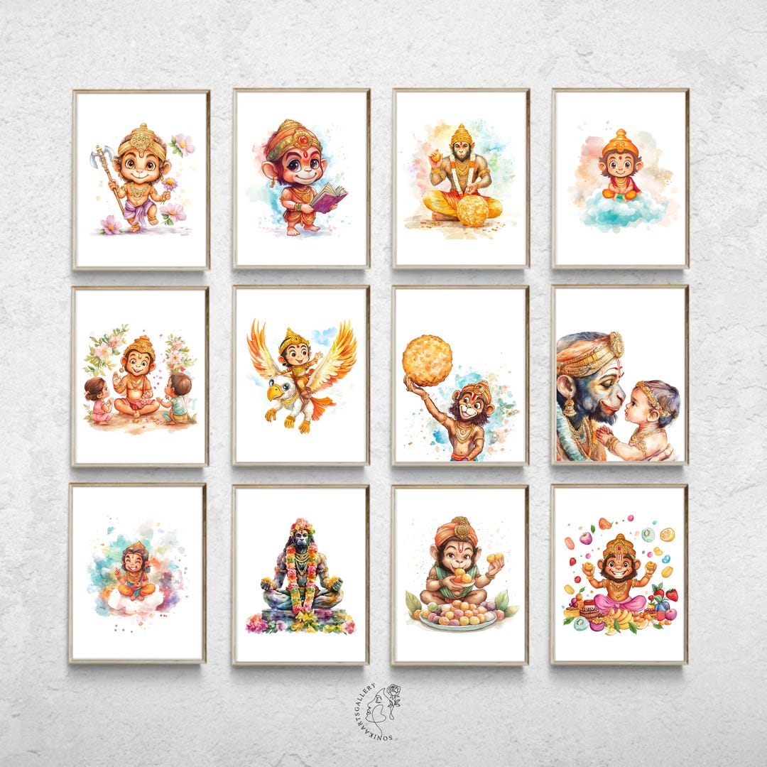 Set of 12, Cute Baby Lord Hanuman ,hanuman Painting, Lord Hanuman ...