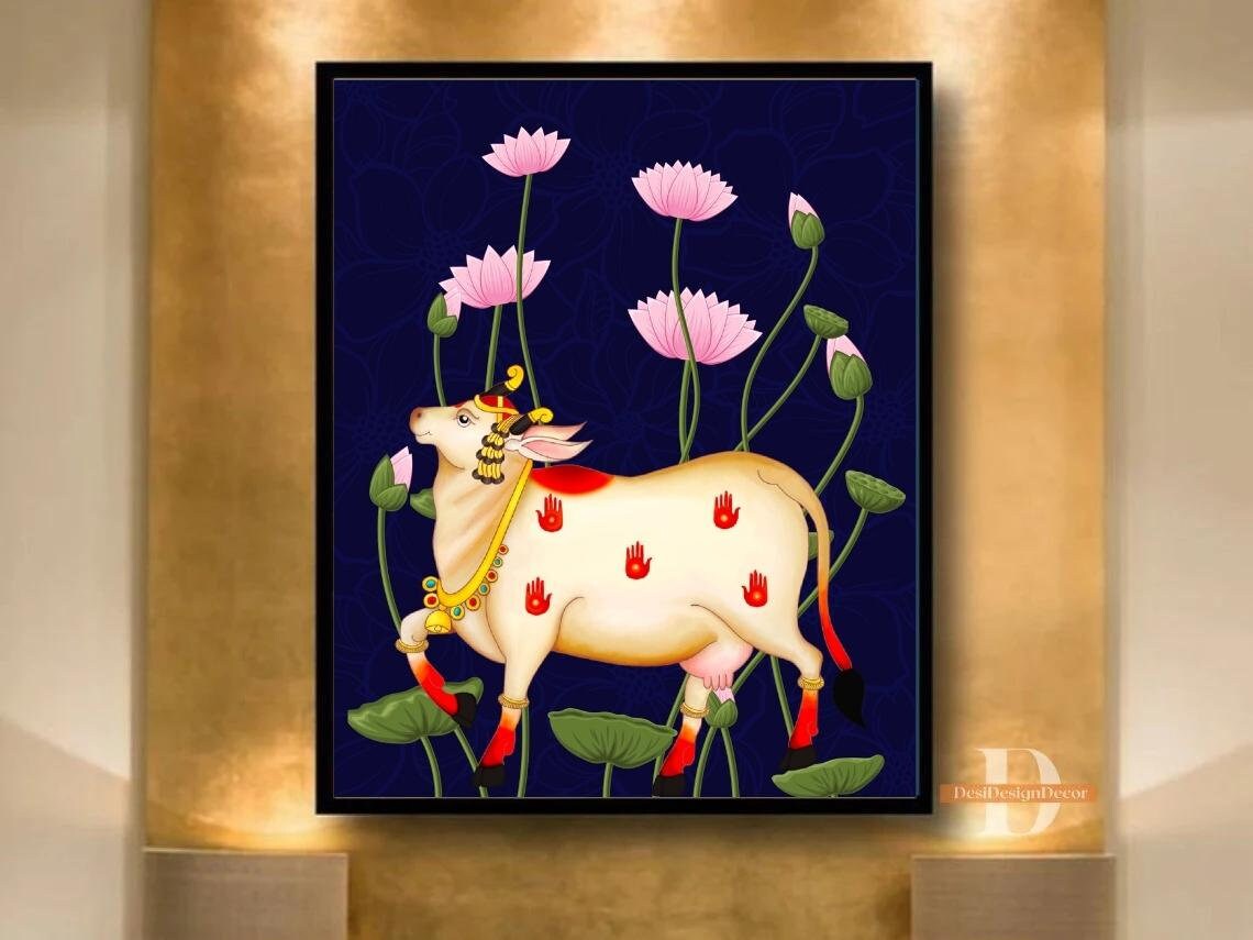 Indian Pichwai , Pichhwai Cow Print With Lotus, Indian Vintage Painting ...