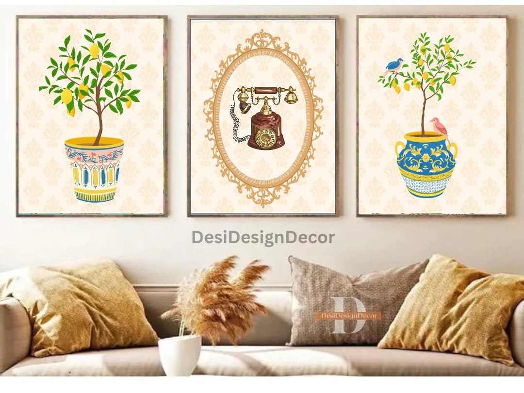 Set of 3 Potted Lemon Trees, Vintage Phone, Botanical Prints (digital ...