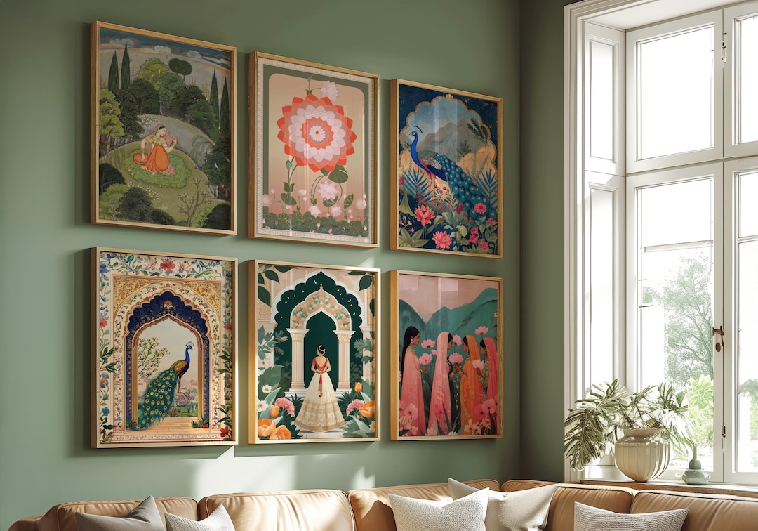 Indian Folk Art, Set of 6,indian Wall Decor, Floral Printsindian Art ...