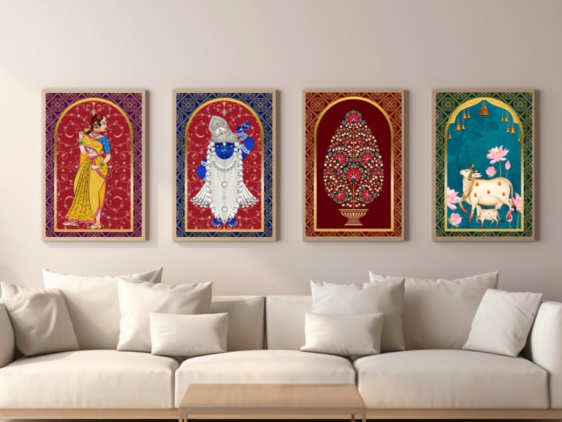 Indian Pichwai Set of 6 , Indian Art Pichhwai Cow Print With Lotus ...
