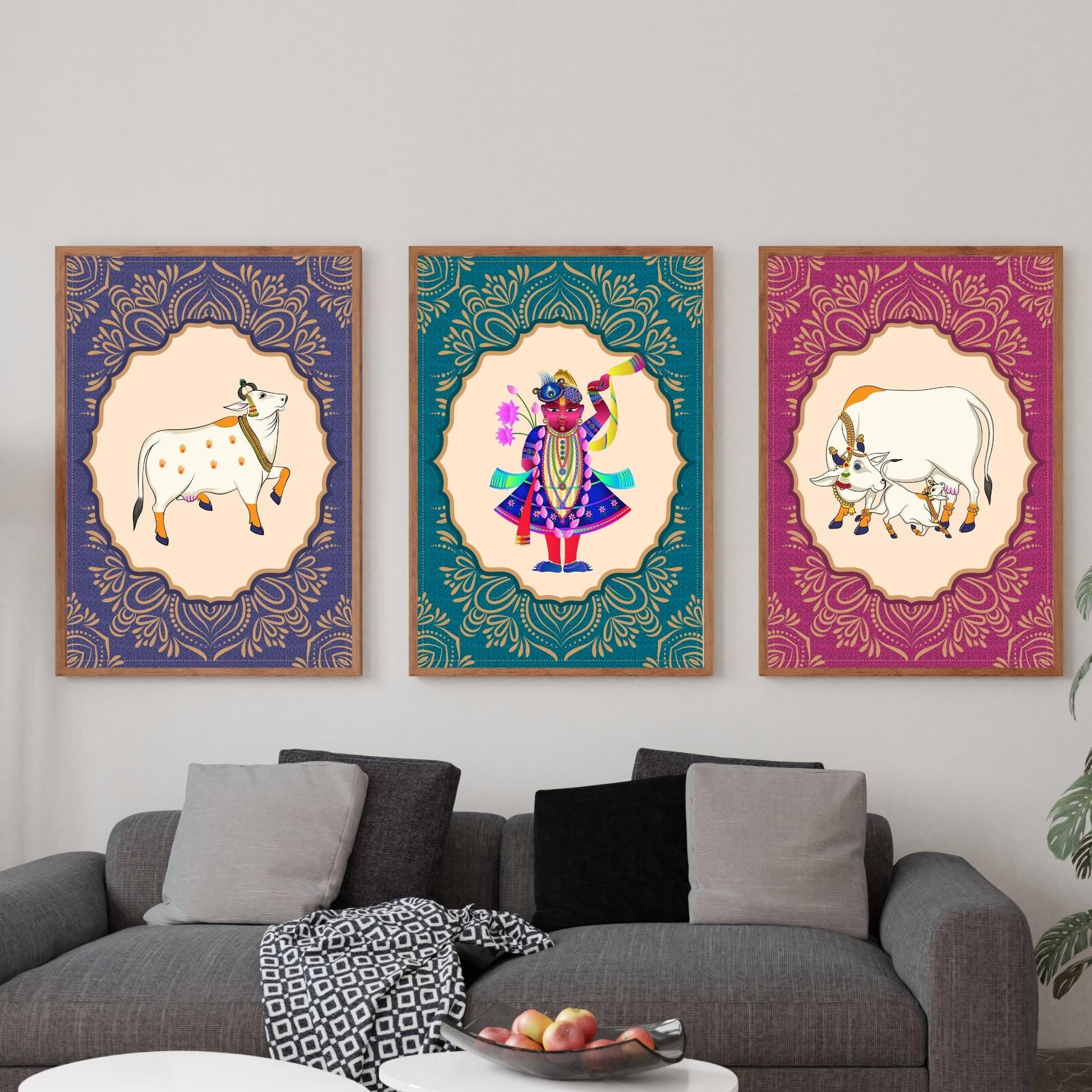 Indian Pichwai Set of 6 , Indian Art Pichhwai Cow Print With Lotus ...