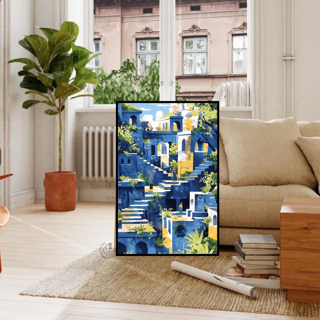 Blue City Buildings Large Wall Art Abstract Contemporary Artwork ...