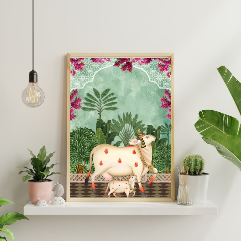 Indian Pichwai , Indian Art Pichhwai Cow Print With Lotus, Ethnic Art ...