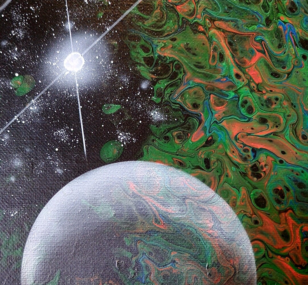 Planet Painting Canvas Green Planet Stars and Galaxy Scene Wall Art ...