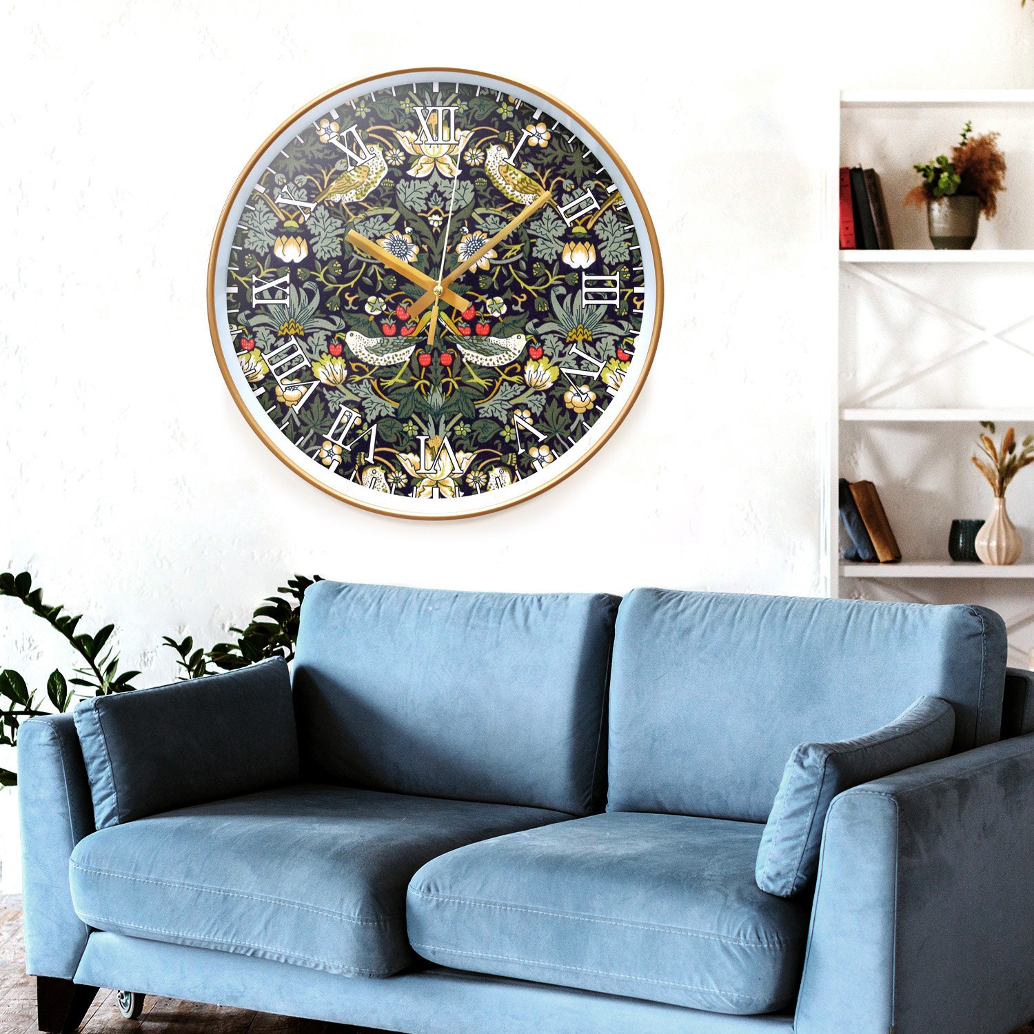 William Morris Wall Clock, Green Strawberry Thief Clock, Retro Plants ...