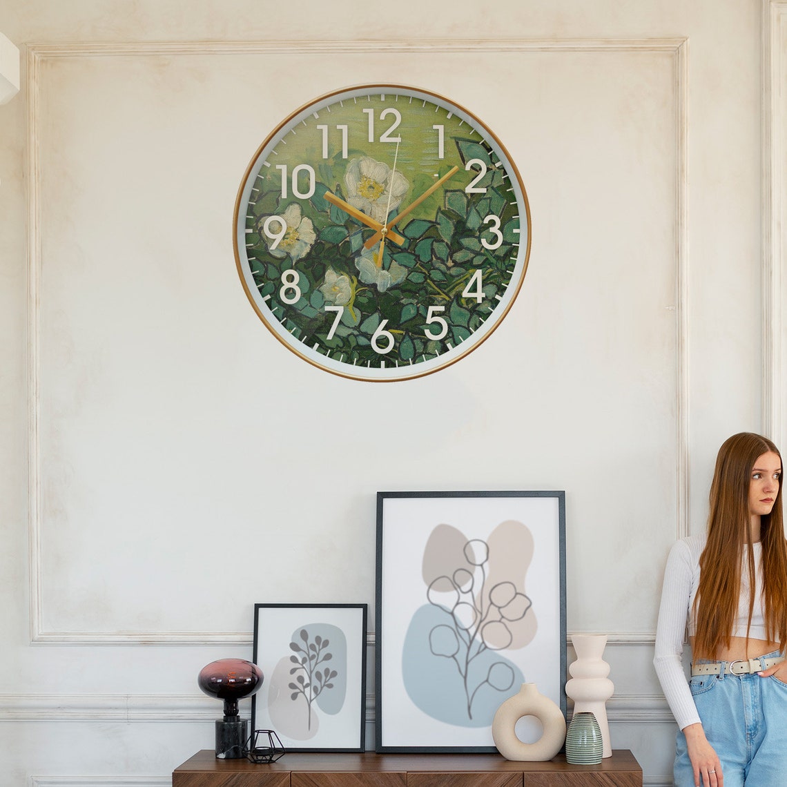 Van Gogh Art Clock, White Rose Wall Clock, Flower Silent Clock, Round ...