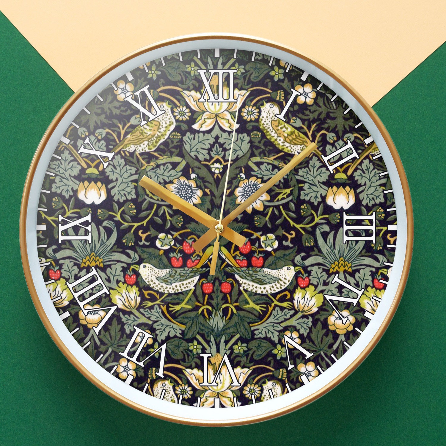 William Morris Wall Clock, Green Strawberry Thief Clock, Retro Plants ...