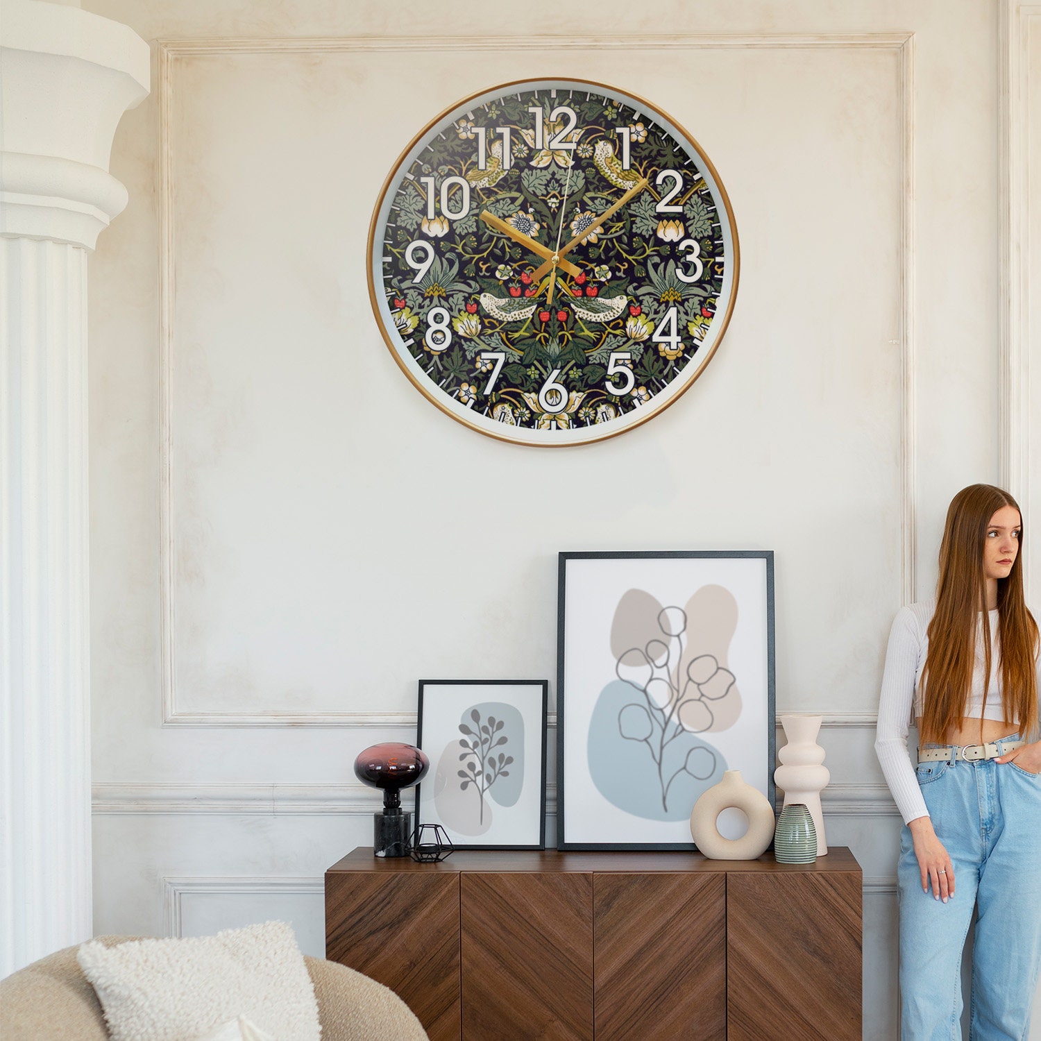 William Morris Wall Clock, Green Strawberry Thief Clock, Retro Plants ...