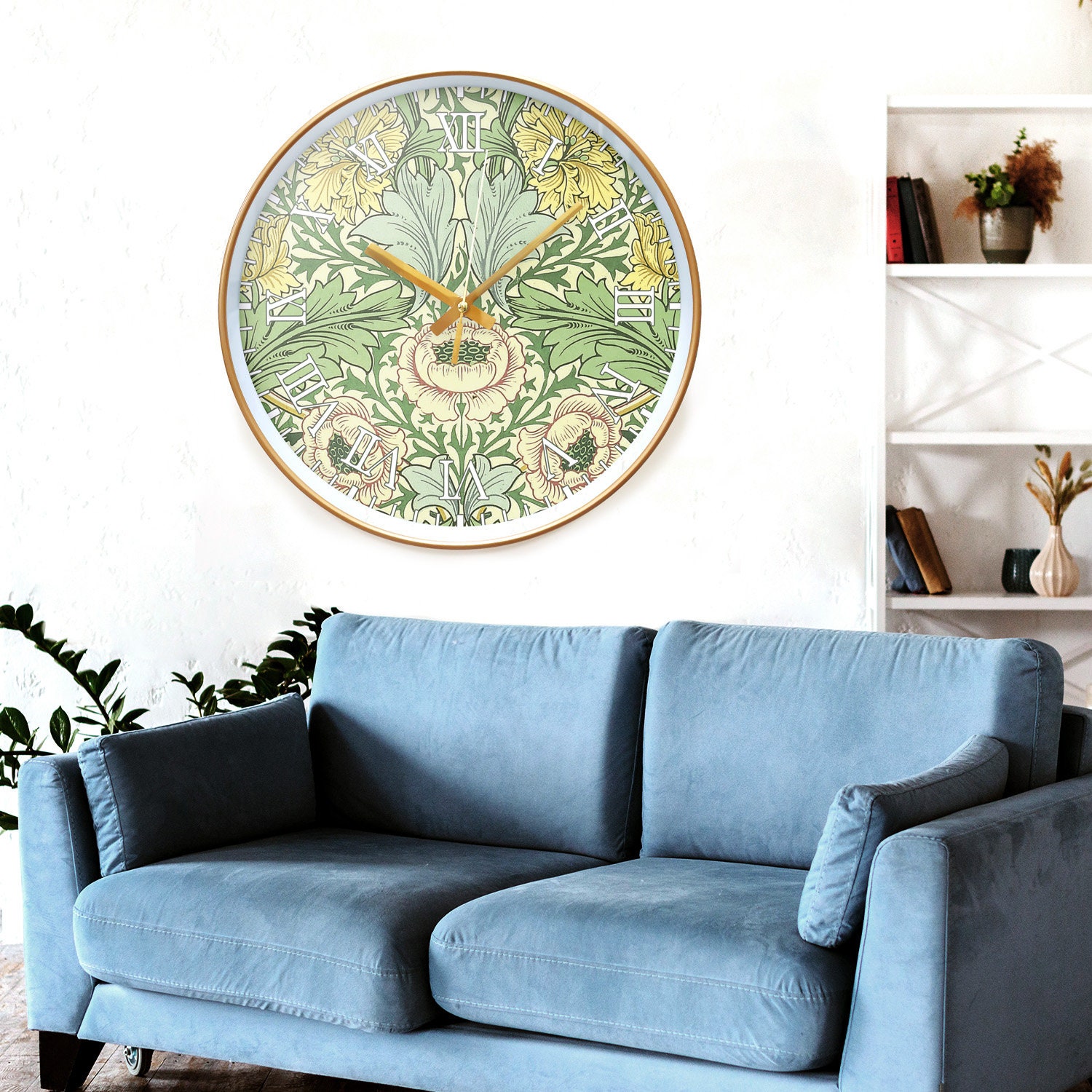 William Morris Wall Clock, Retro Flower Silent Clock, Morris Art Green ...