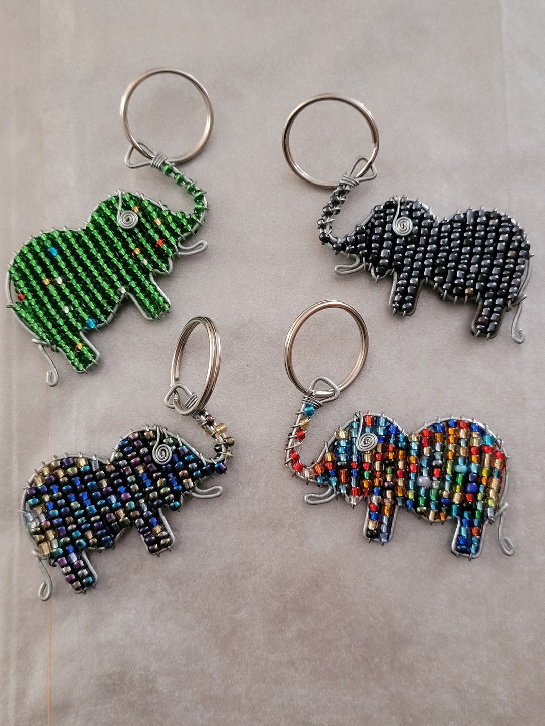 HANDMADE South African Beaded Elephant Keychains Flat Elephant Zulu ...