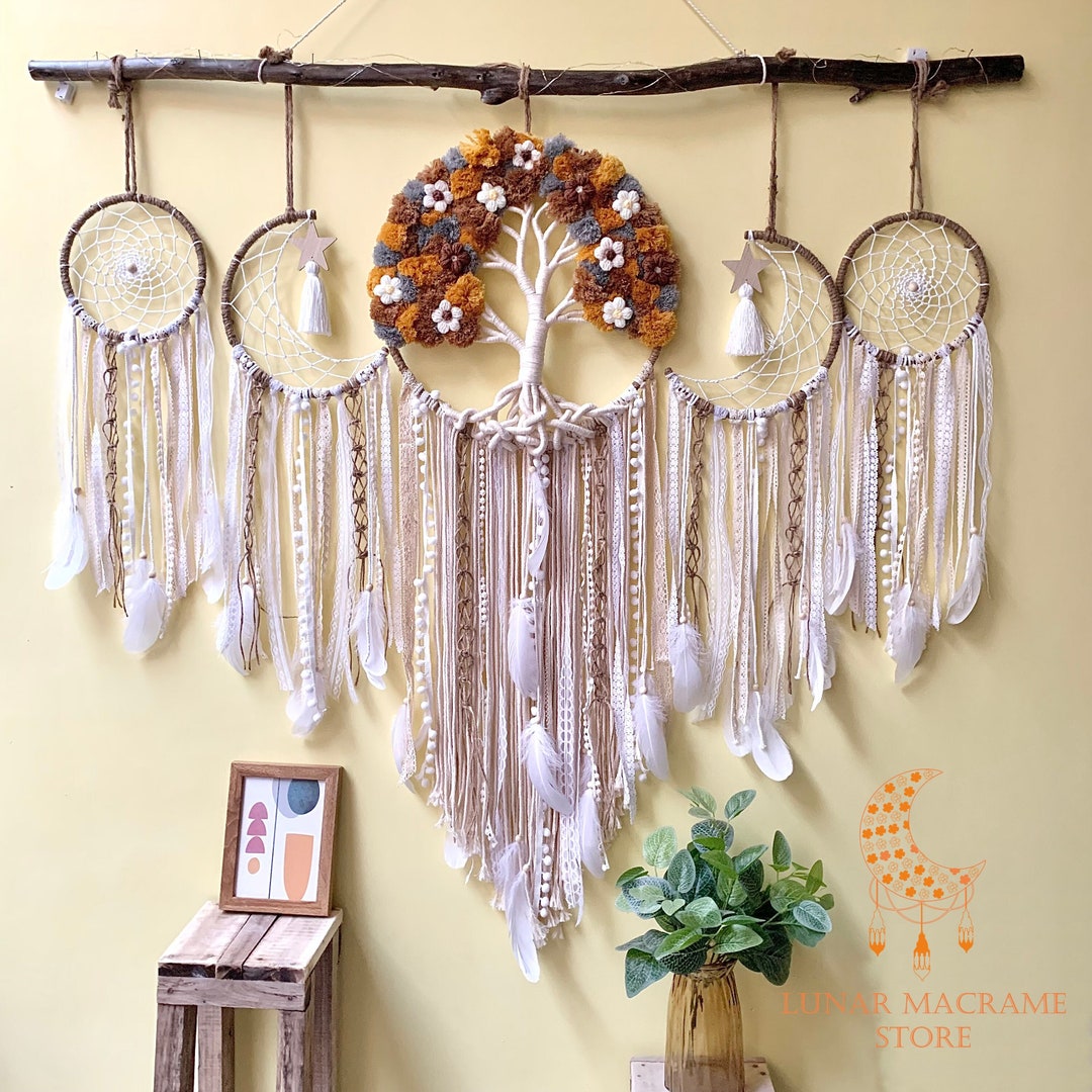 Handgemachte große Traumfänger Baum des Lebens Wandbehang, Blumen Baum des Lebens Makramee Dekor ...