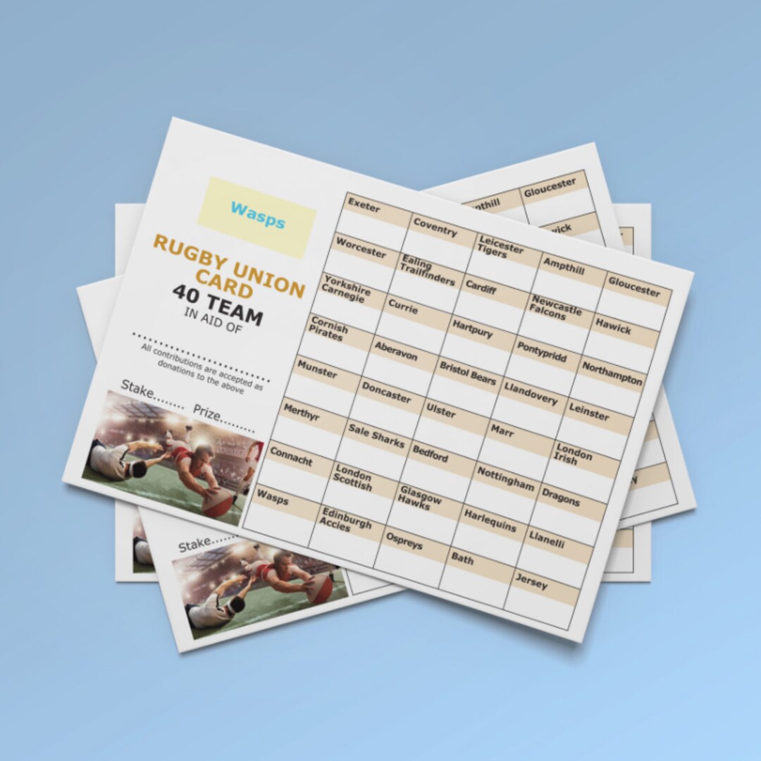 25 X 40 Team Rugby Union Scratch Cards A6 Full Colour CHARITY ...