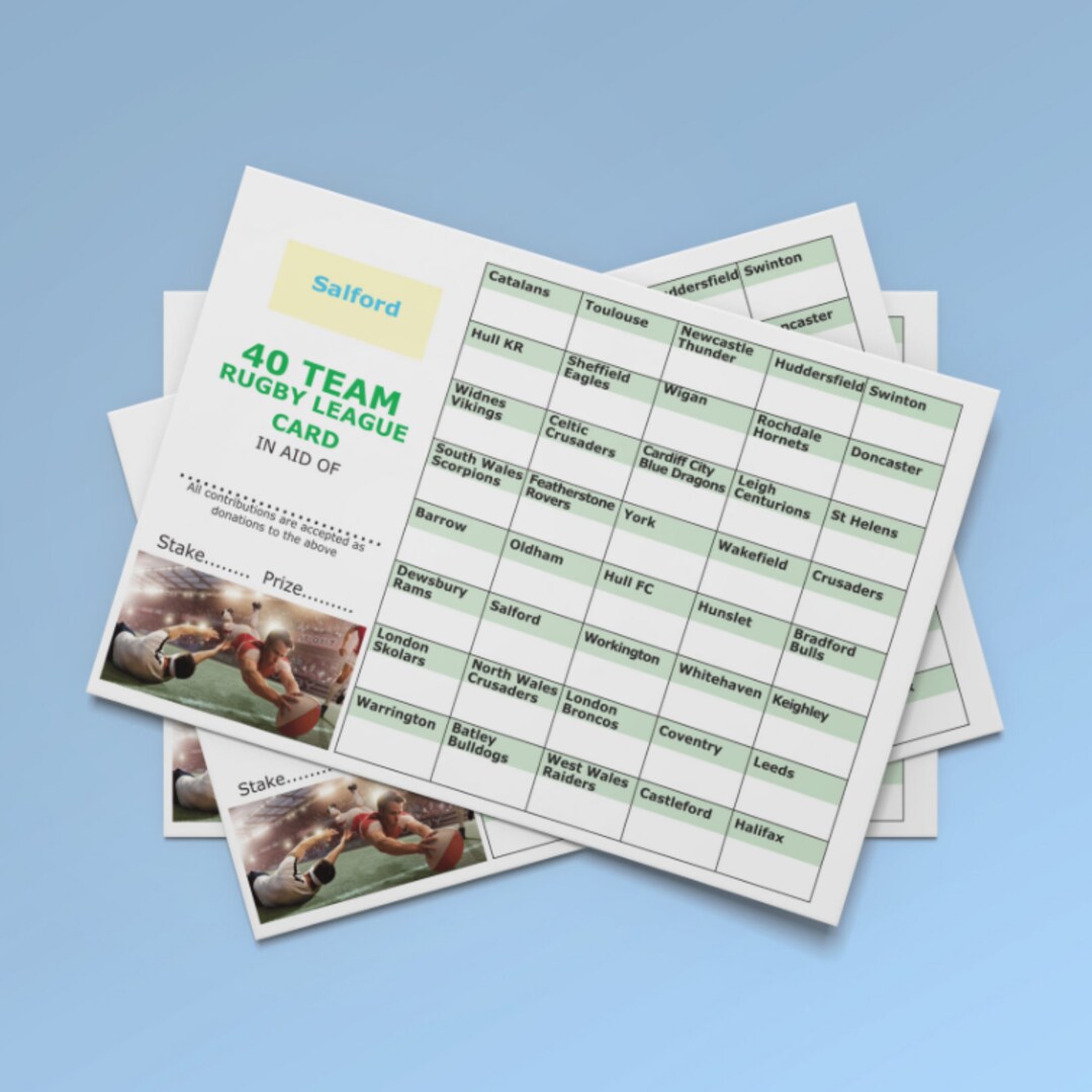 25 X 40 Team Rugby League Scratch Cards A6 Full Colour CHARITY ...