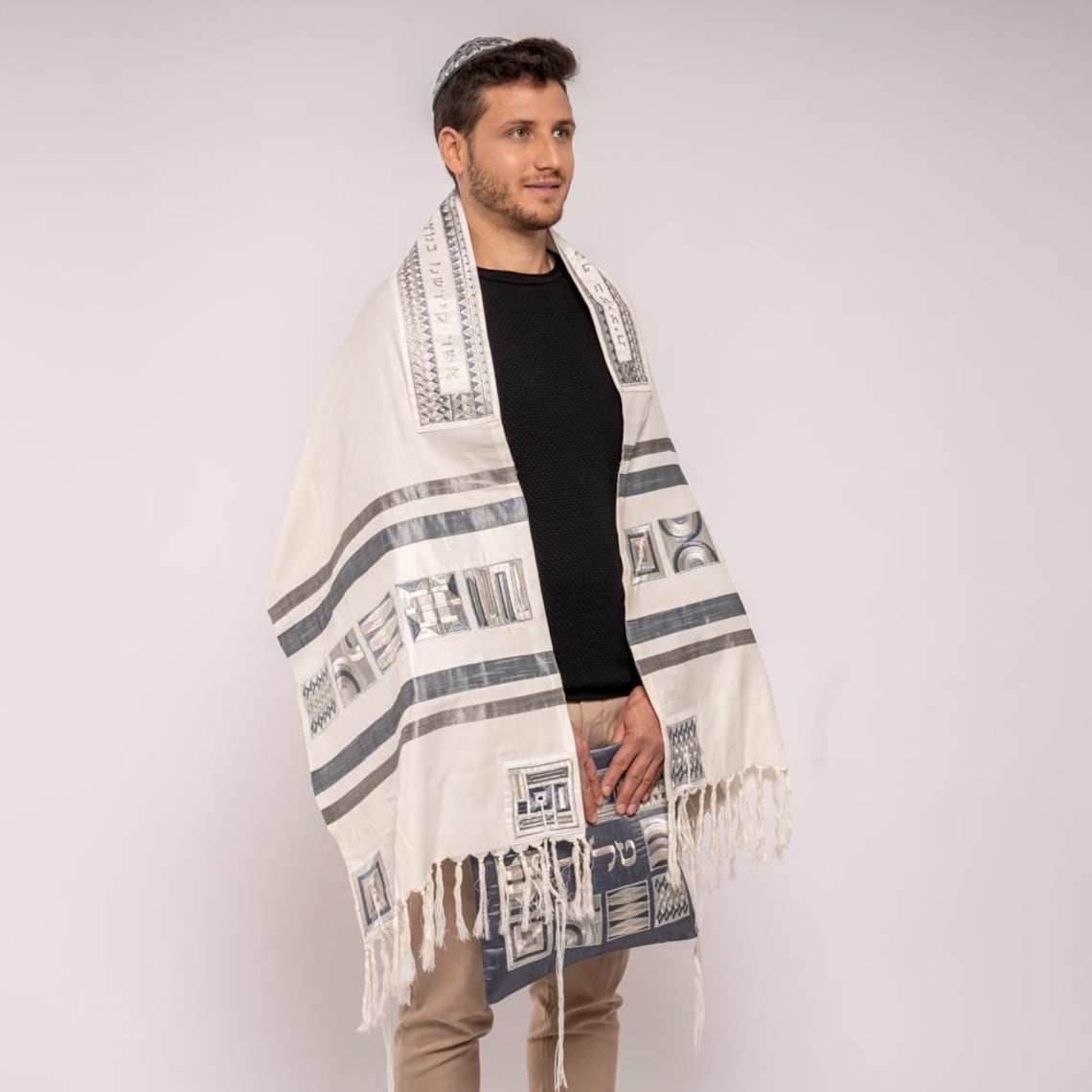 Yair Emanuel Modern Tallit Prayer Shawl Set Silver Embroidery - Bar ...