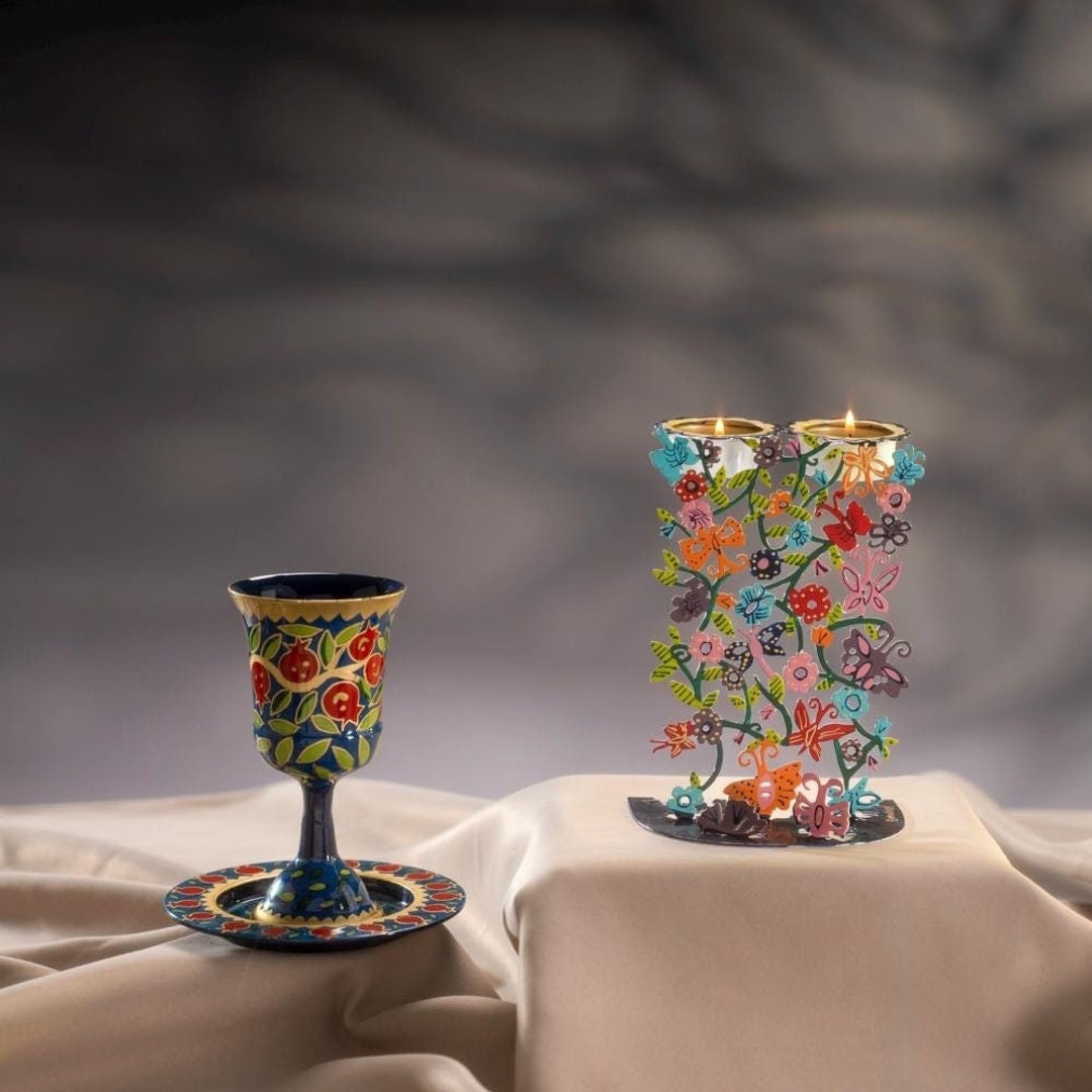 Yair Emanuel Hand Painted Kiddush Cup for Shabbat With Matching Saucer ...
