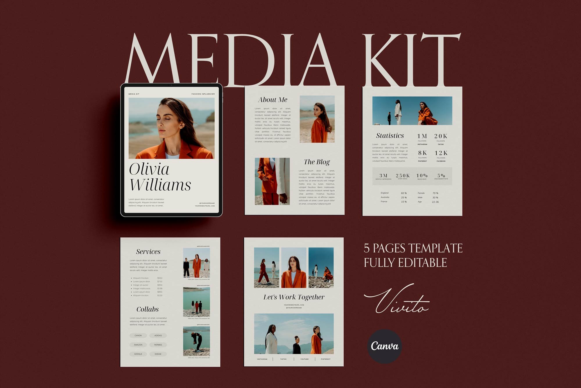 Influencer Media Kit Canva Template, 5 Page Social Media Kit, Blogger ...
