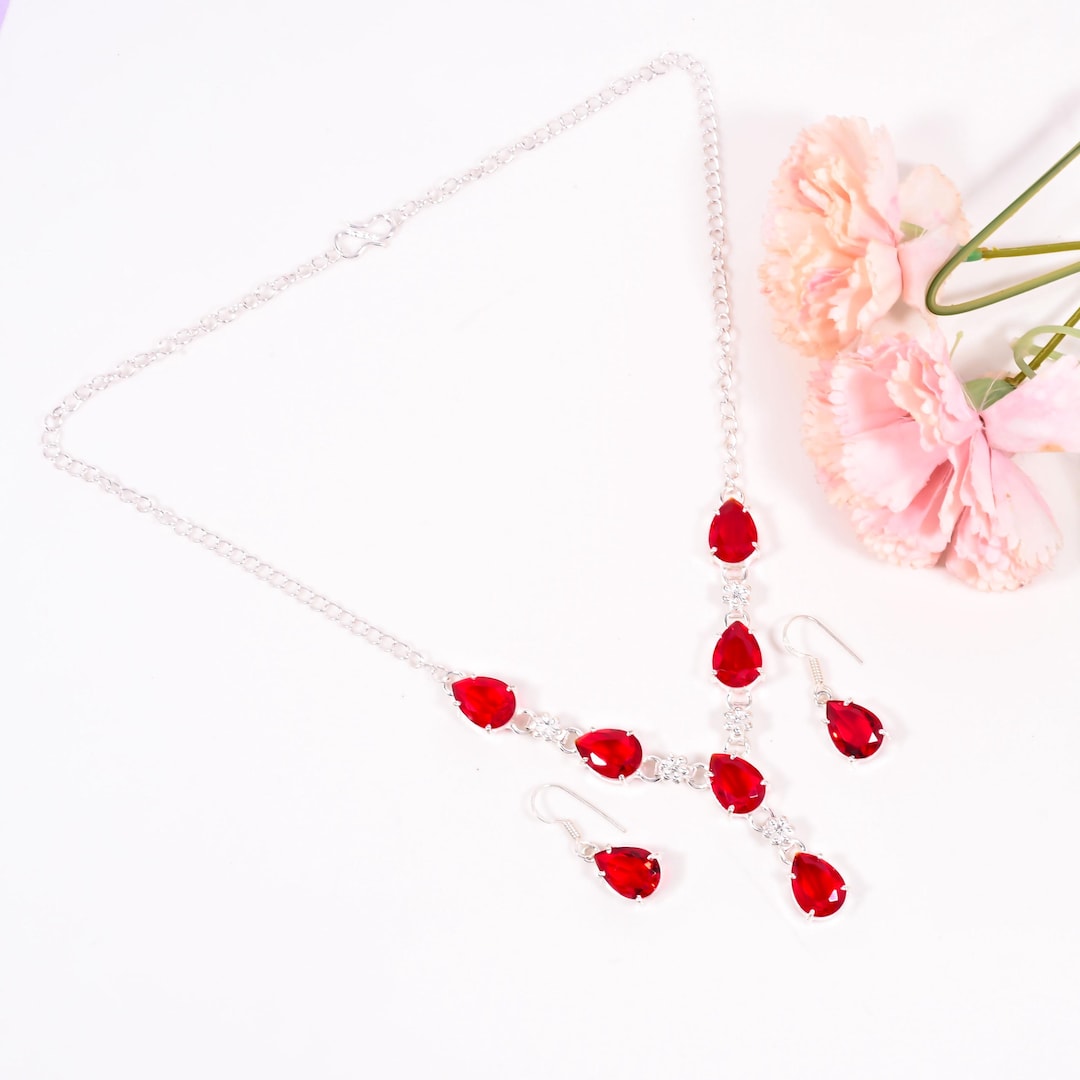 Attractive Top Quality Red Ruby Crystal Necklace Set Handmade Faceted ...