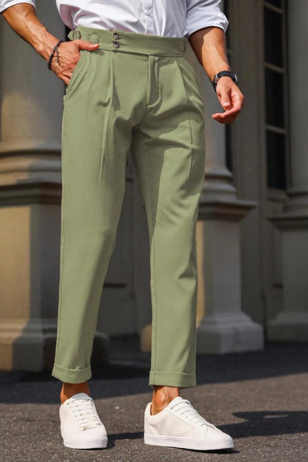 Men Sage Green High Waist Gurkha Pant Classic Pleated Trousers & Formal ...
