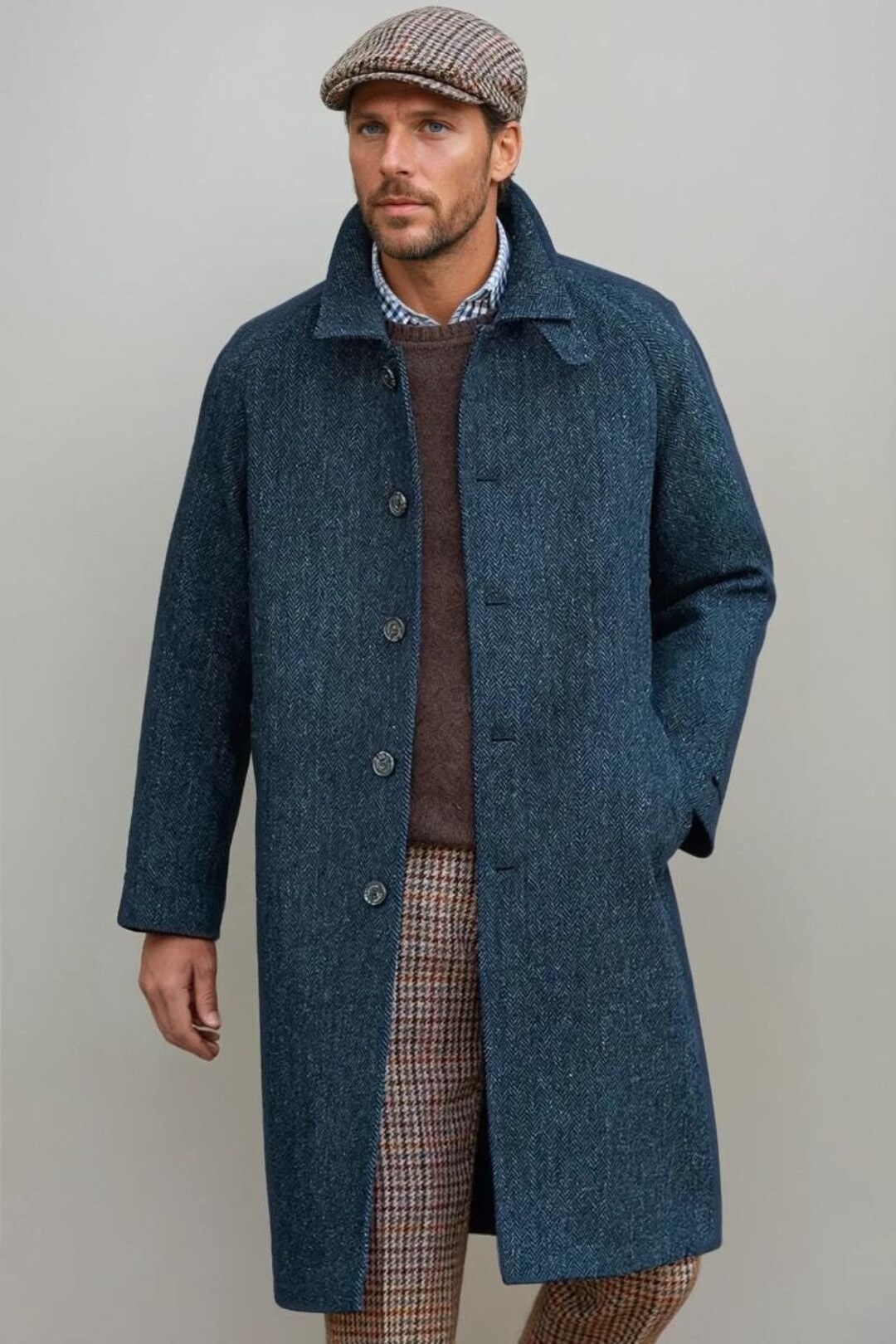 Men's Tweed Overcoat: Light Blue Herringbone Wool Trench Coat - Etsy
