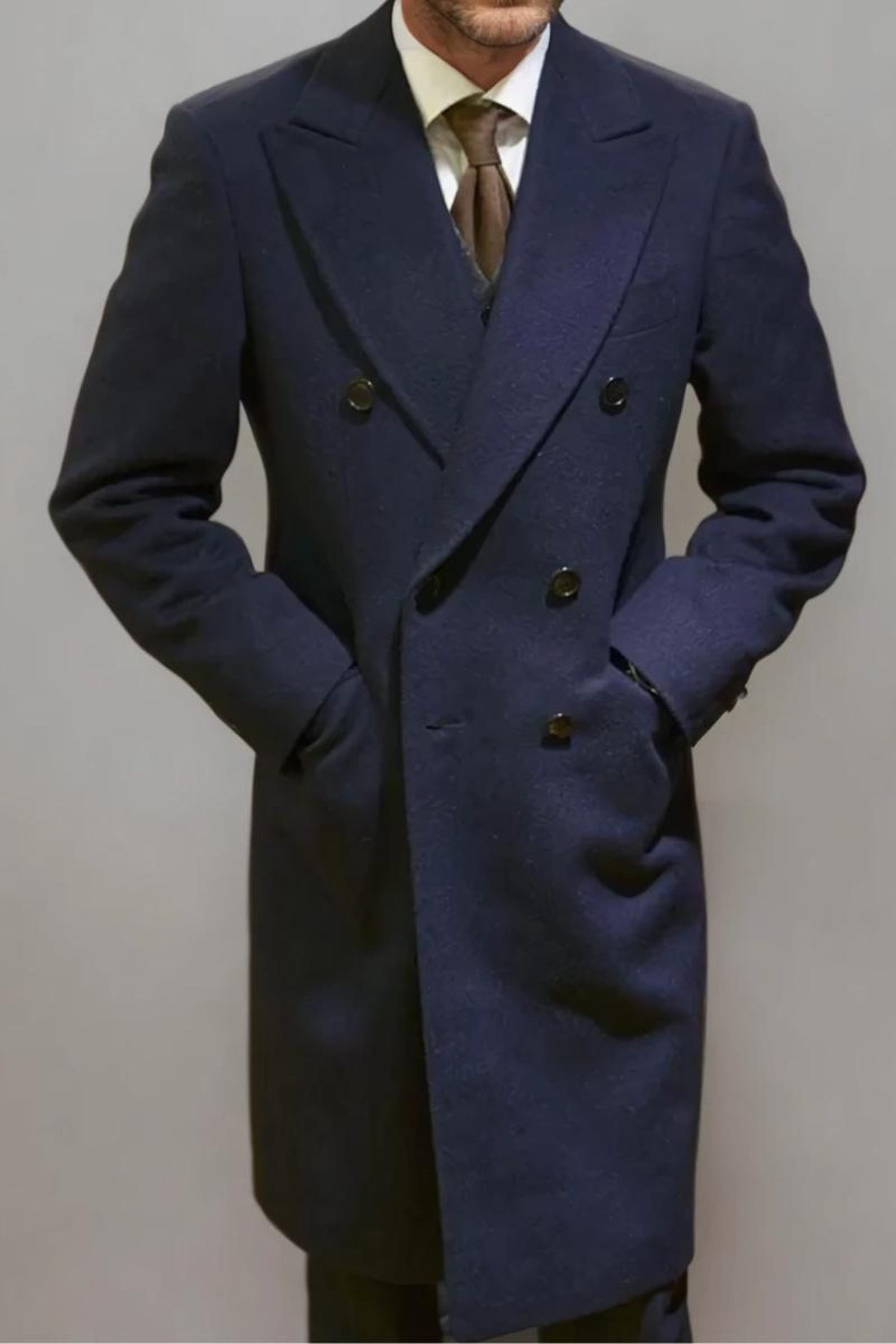 Men Dark Navy Blue Woolen Double Breasted Overcoat Vintage Long Trench ...