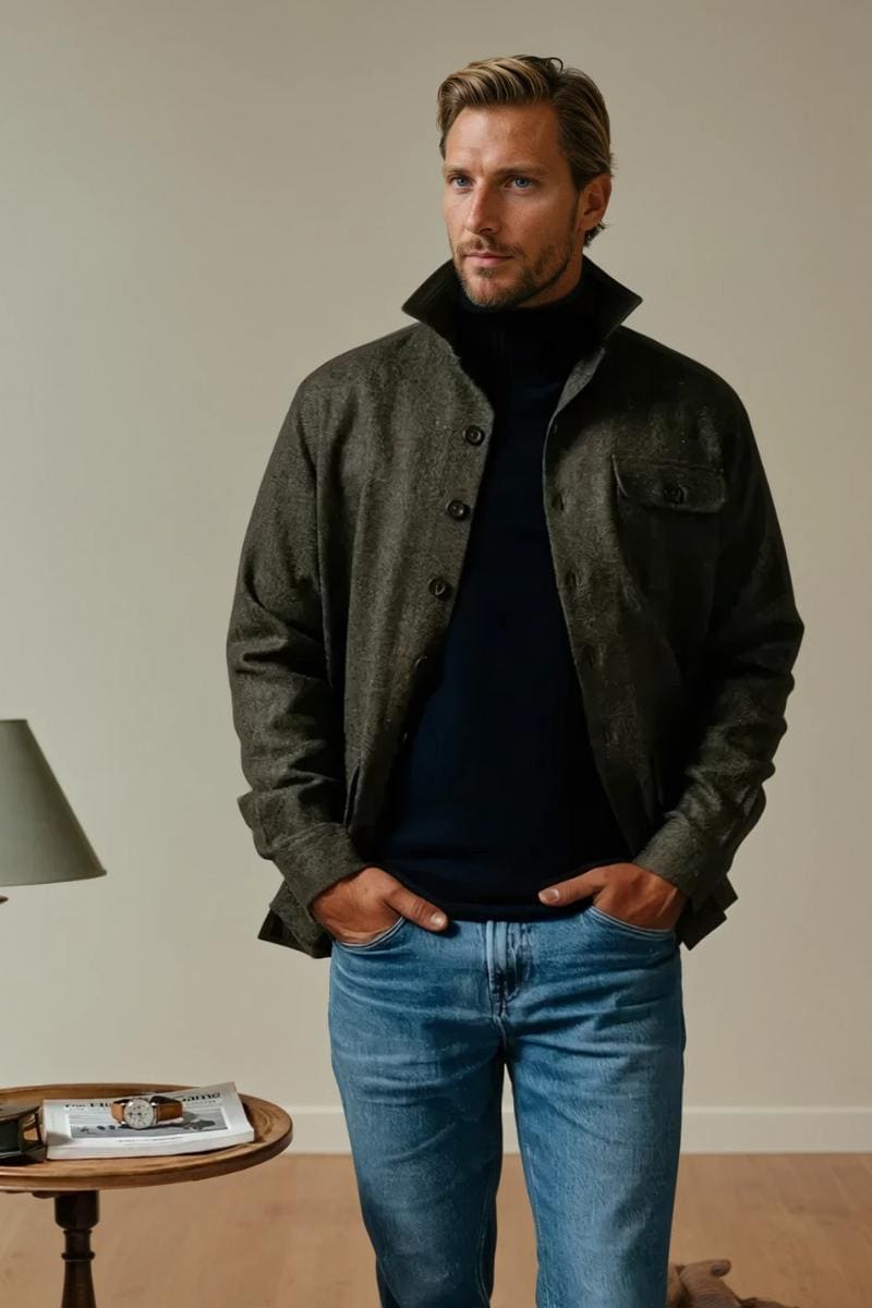 Mens Olive Green Vintage Wool Shacket & Winter Cargo Jacket Warm ...