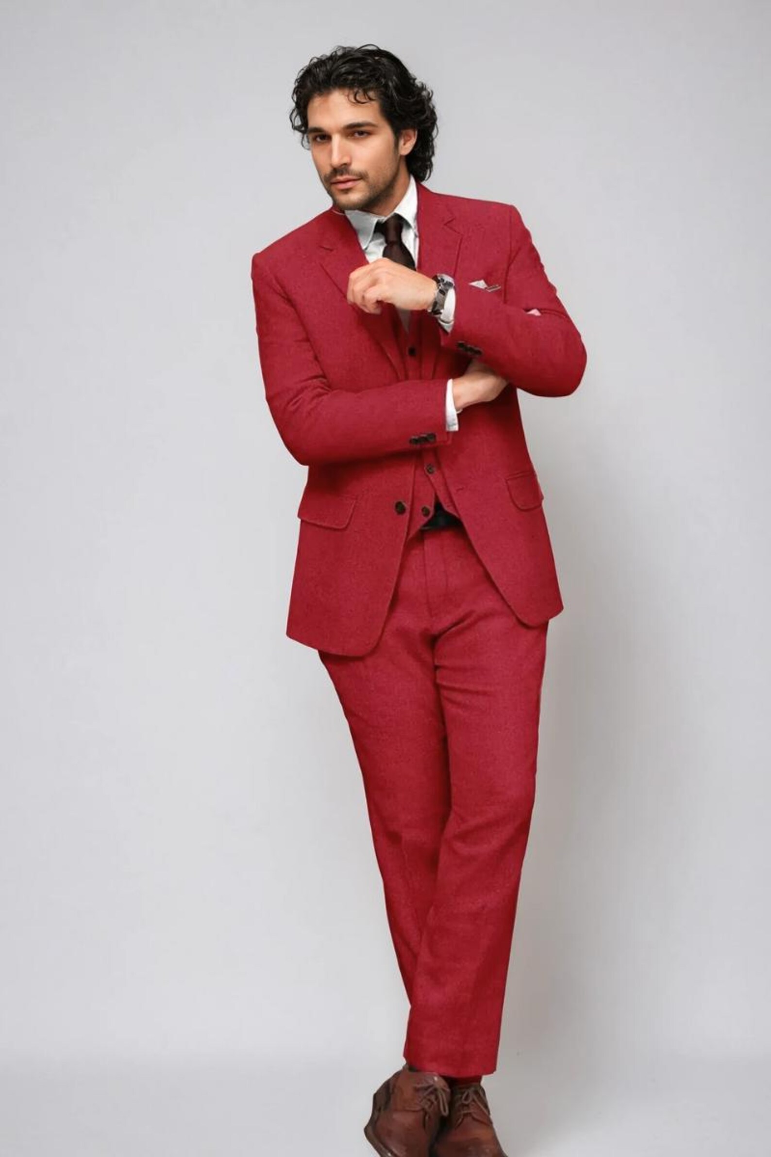 Men Tweed Red Three Piece Suit Wedding Suit Men Dinner Suits Men Winter ...
