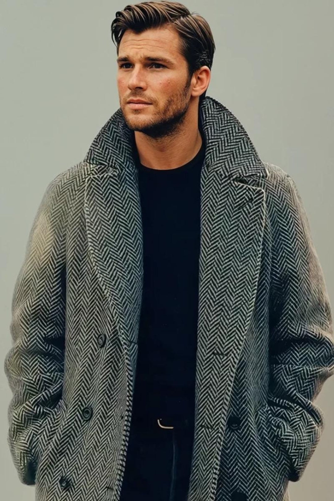 Men's Grey Herringbone Tweed Overcoat - Double Breasted Wool Trench ...