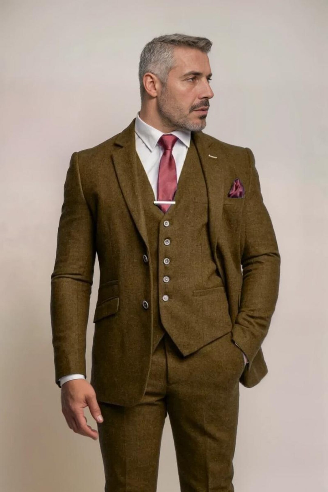 Men's Coffee Brown Tweed Suit: Stylish Three Piece Wedding Dinner Party ...