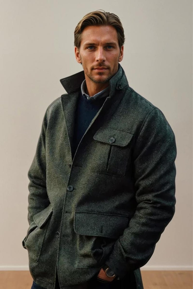 Mens Olive Green Vintage Wool Shacket & Winter Cargo Jacket Warm ...