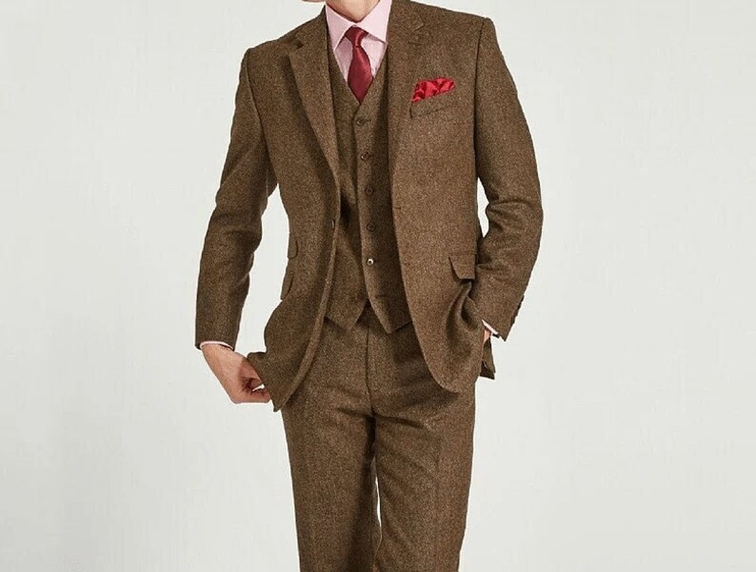 Men's Coffee Brown Tweed 3-piece Suit: Slim Fit Wedding Groom - Etsy