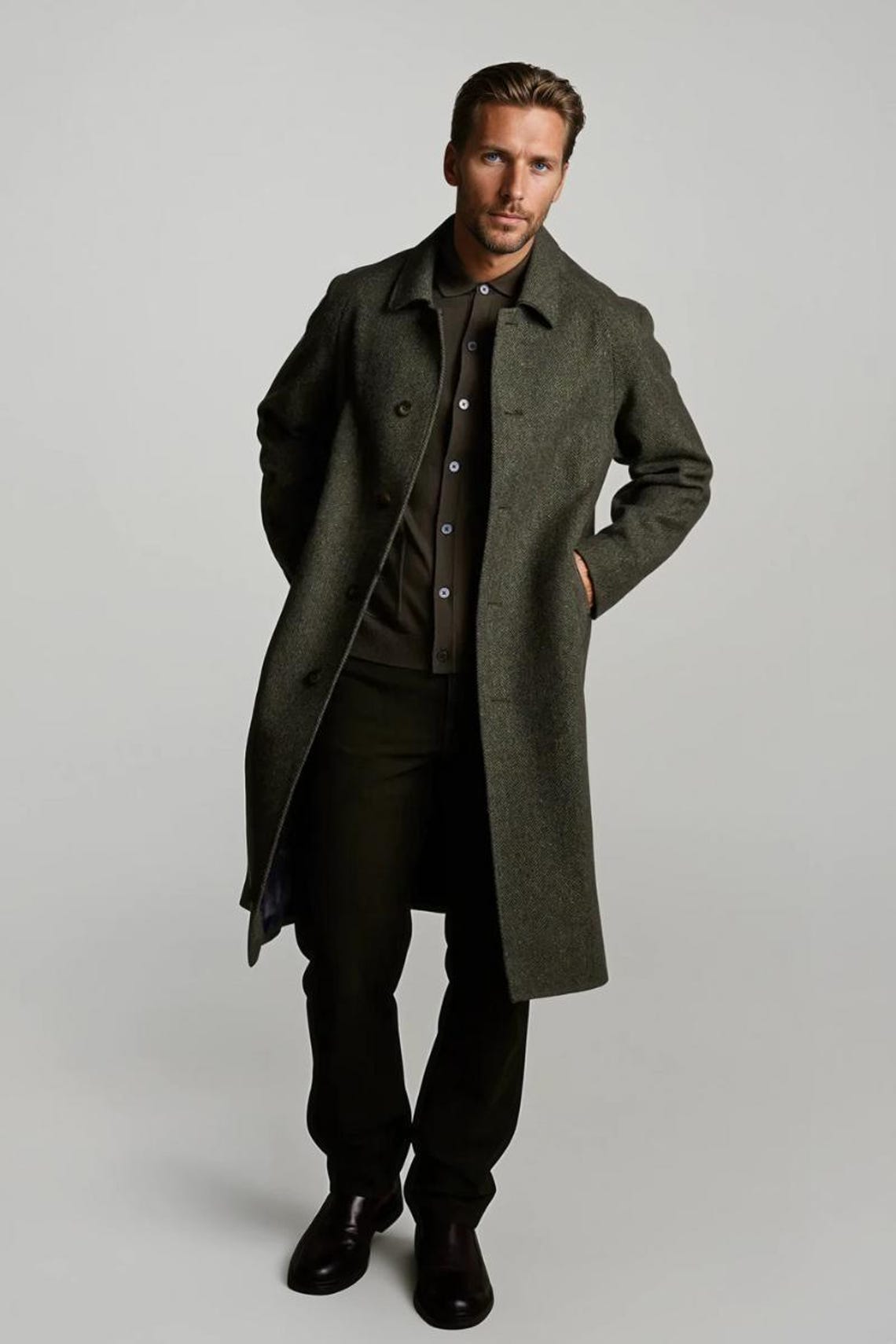 Men's Tweed Herringbone Overcoat: Olive Green Wool Trench Coat - Etsy