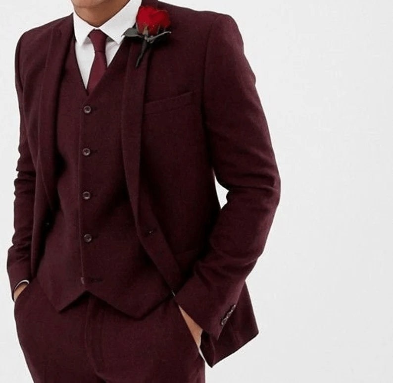 Men Tweed Maroon Suit Vintage Three Piece Suit Maroon Wedding Suit ...