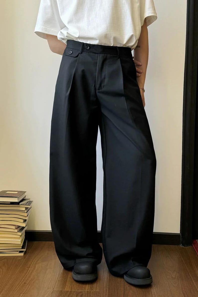 Men Black Wide Leg Pleated Pant Elegant High-waisted Trousers & Relaxed ...
