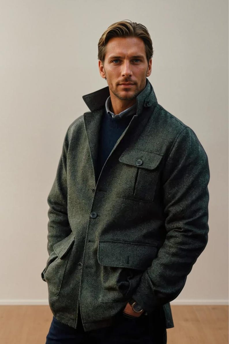 Mens Olive Green Vintage Wool Shacket & Winter Cargo Jacket Warm ...