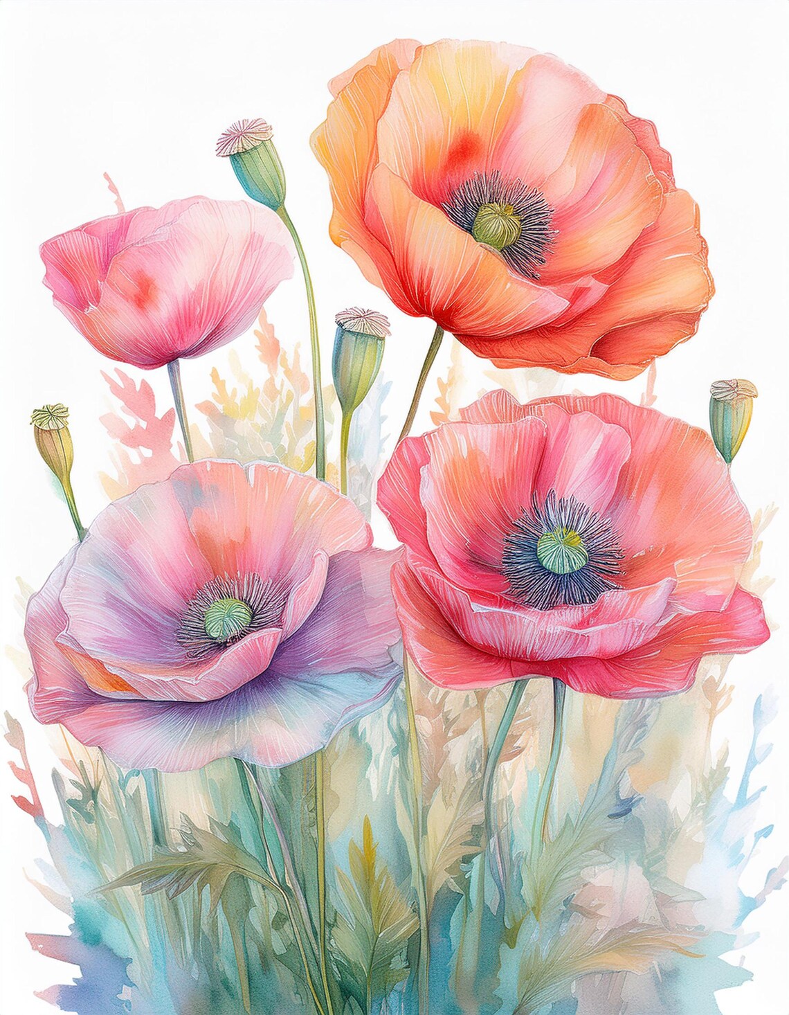 Watercolor Poppies, Flowers, Digital Download, Delicate, Springtime - Etsy