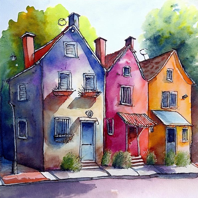 Whimsical Watercolor Row Houses - Etsy